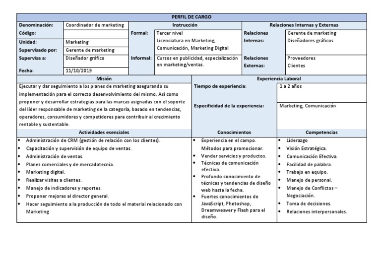 Perfil de Cargo-Coordinador de Marketing | PDF | Marketing | Economias Perfil de Cargo-Coordinador de Marketing | PDF | Marketing | Economias