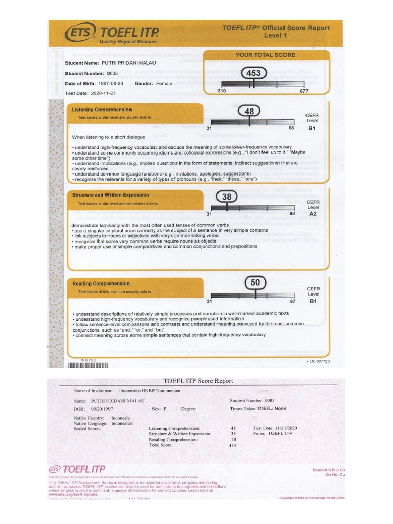 TOEFL ITP Certificate | PDF