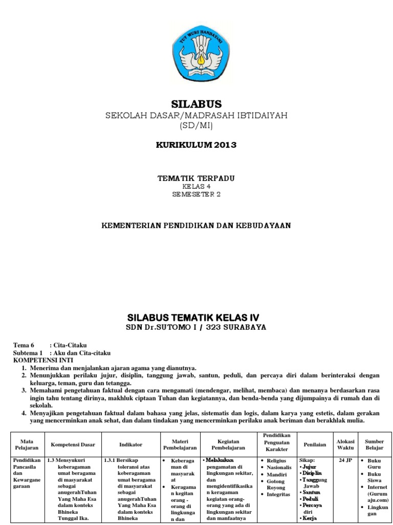 Silabus Tematik Kelas 4 Semester 2 | PDF