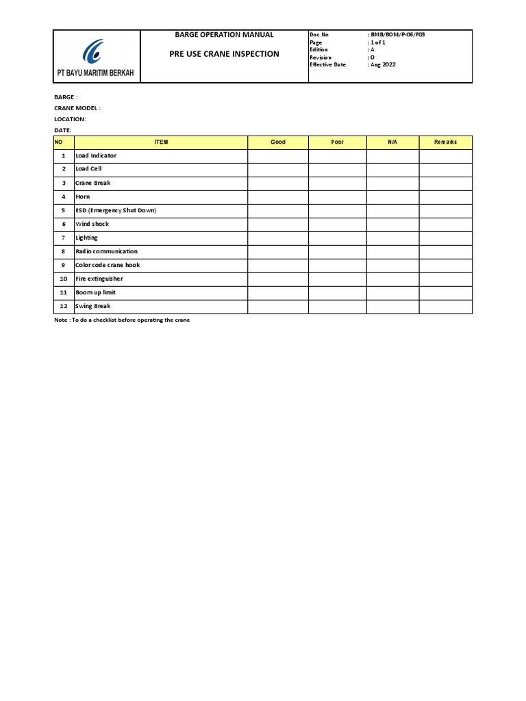 Pre Use Crane Inspection: Barge Operation Manual | PDF