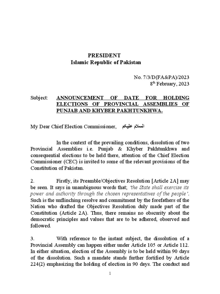 Letter To CEC To Hold Provincial Elections v2 | PDF | Pakistan | Elections