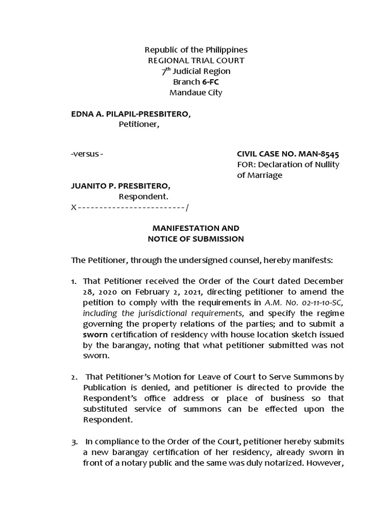 Notice of Submission and Manifestation | PDF | Notary Public | Service ...