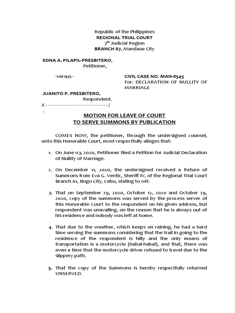Motion For Leave To Serve Summons by Publication | PDF | Annulment ...