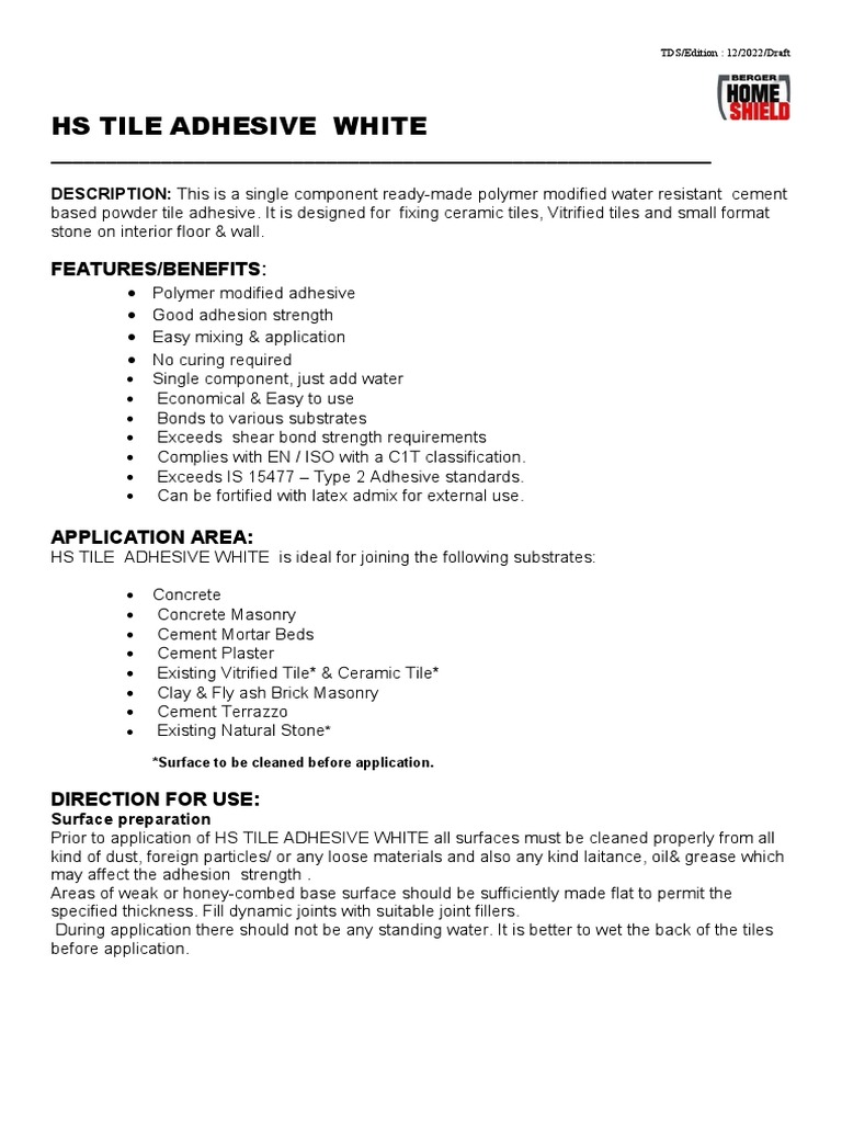 TDS White Tile Adhesive | PDF | Adhesive | Concrete