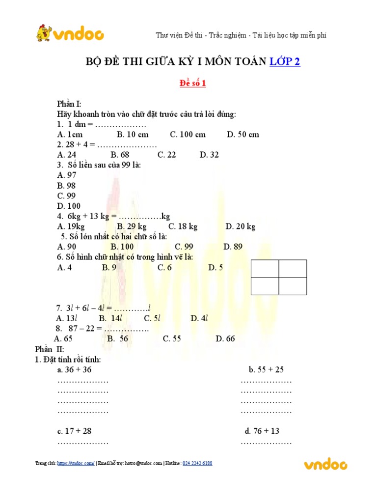 Bo de Thi Giua Hoc Ki 1 Lop 2 Mon Toan | PDF