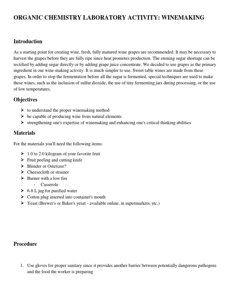 Organic Chemistry Lab Winemaking | PDF | Winemaking | Wine
