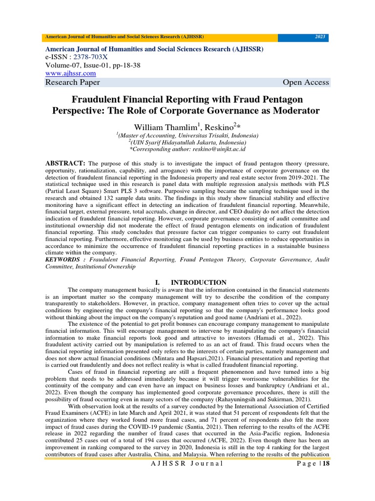 Fraudulent Financial Reporting With Fraud Pentagon Perspective The Role Of Corporate Governance