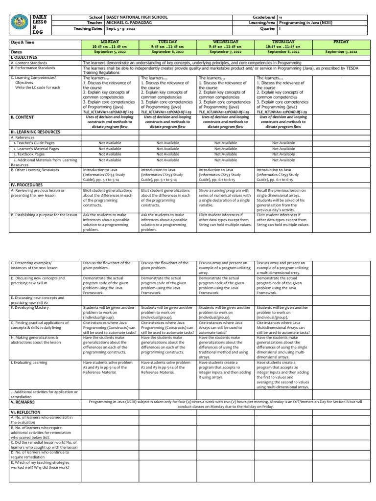 Lesson Log For Ict 101 Programming Java Pdf Control Flow Java Programming Language 