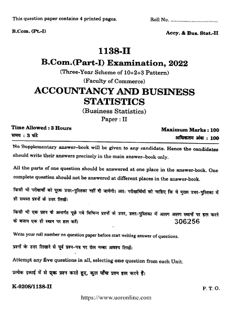 Bcom Part 1 Abs Business Statistics 1138-2-2022 | PDF