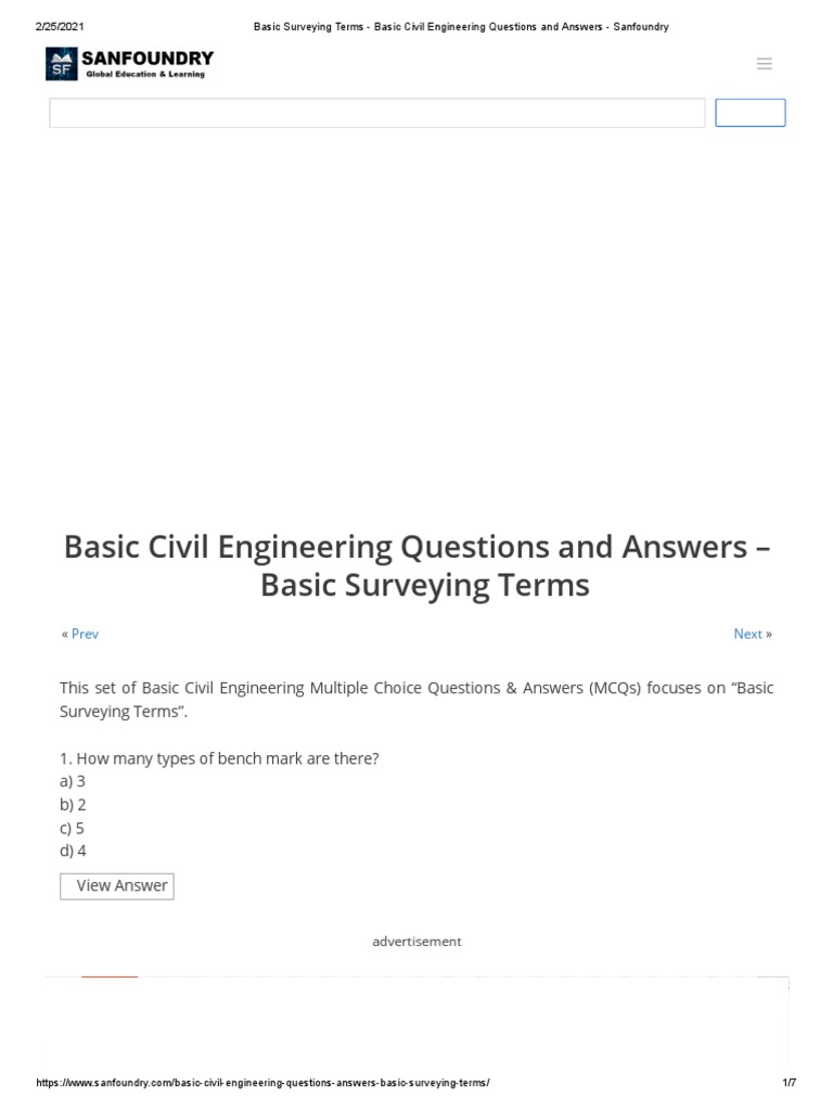 Basic Surveying Terms - Basic Civil Engineering Questions and Answers - Sanfoundry | PDF ...