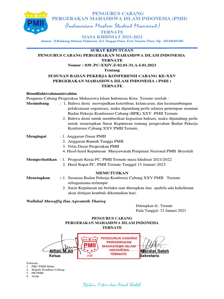 SK Badan Pekerja Konferensi Cabang (BPK) PMII Ternate 25 | PDF