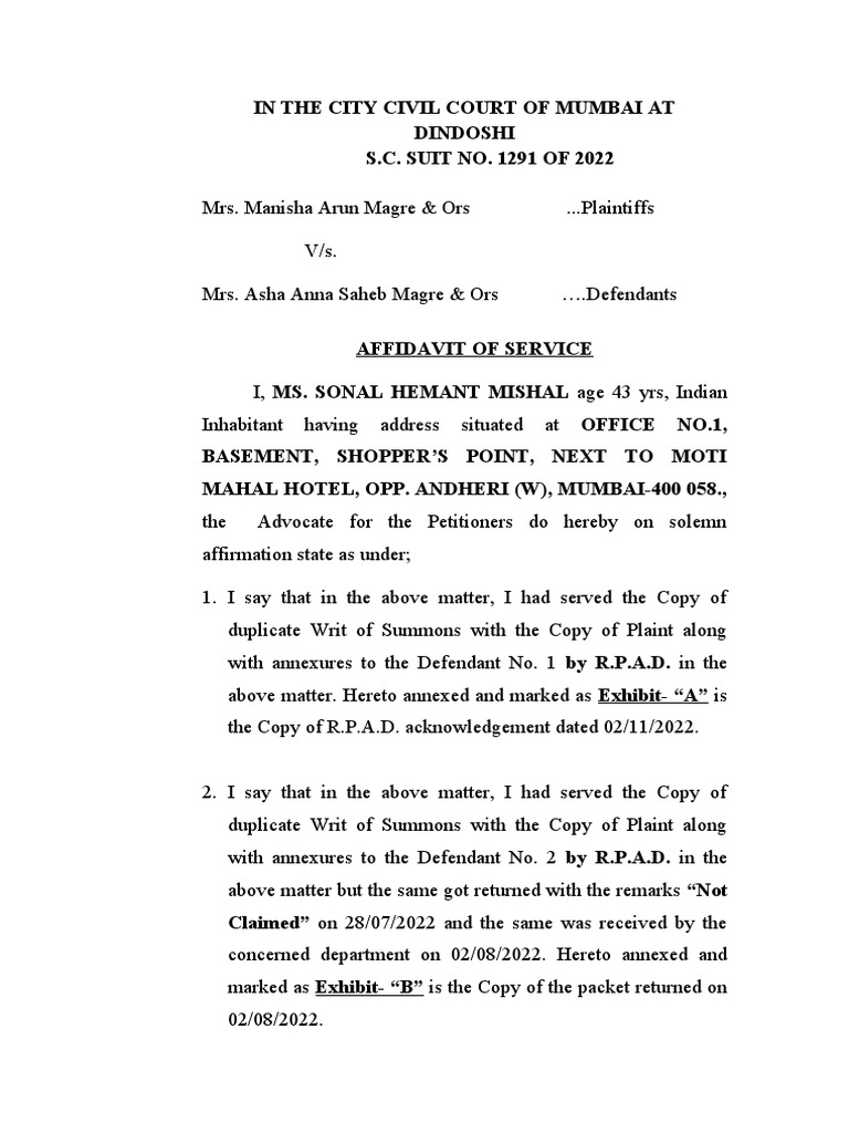 Affidavit of Service - Dindoshi Court | PDF | Legal Communication ...