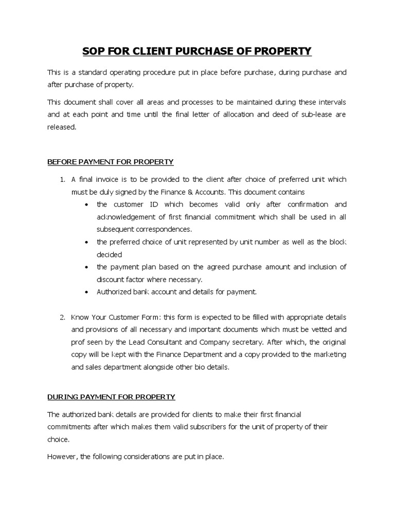 Sop For Client Purchase of Property | PDF | Currency | Payments