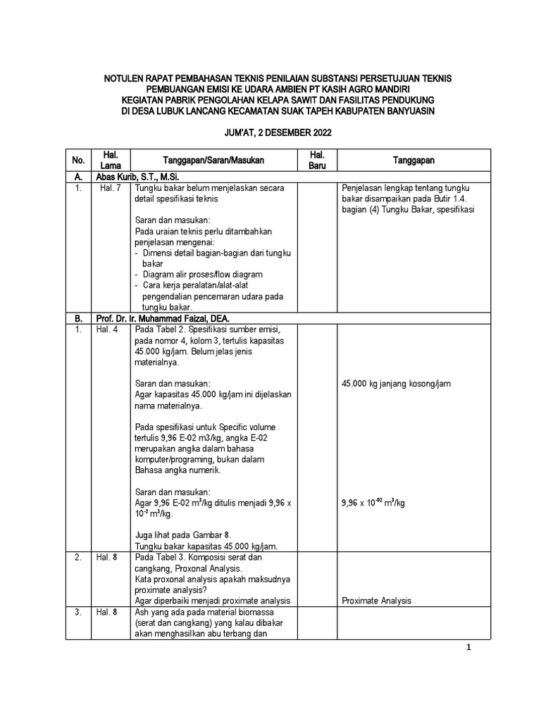 Notulen Rapat Pertek Emisi PKS PT Kam | PDF