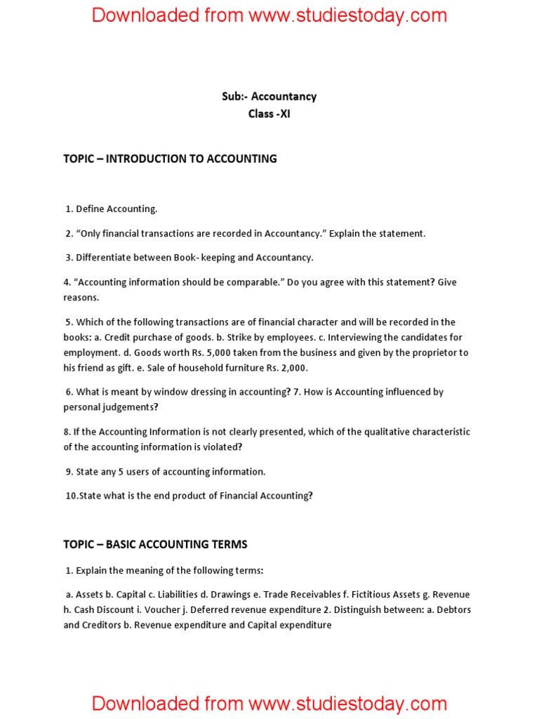 CBSE Class 11 Accountancy Worksheet - Question Bank | PDF | Equity ...