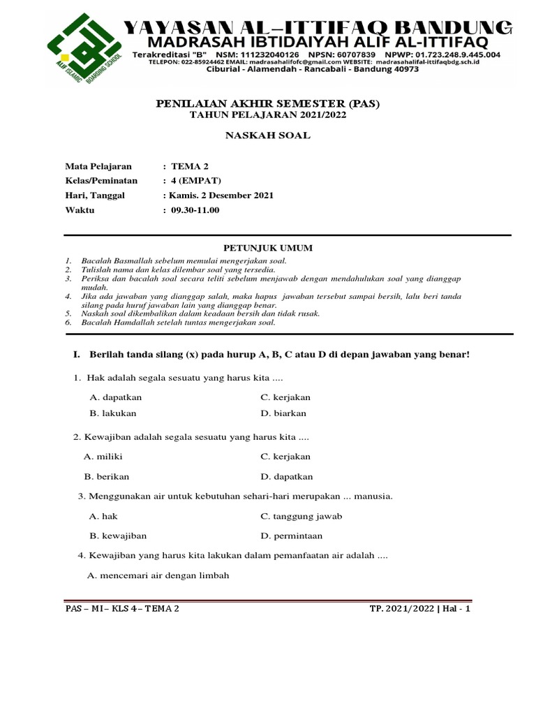 Naskah Soal Pas KLS 4 Tema 2 2021 | PDF