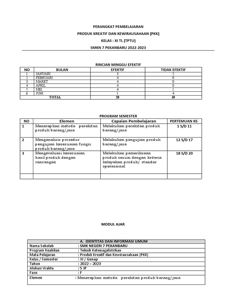 Modul Ajar PKK Xi TL (Tptu) 2023 | PDF | Seni