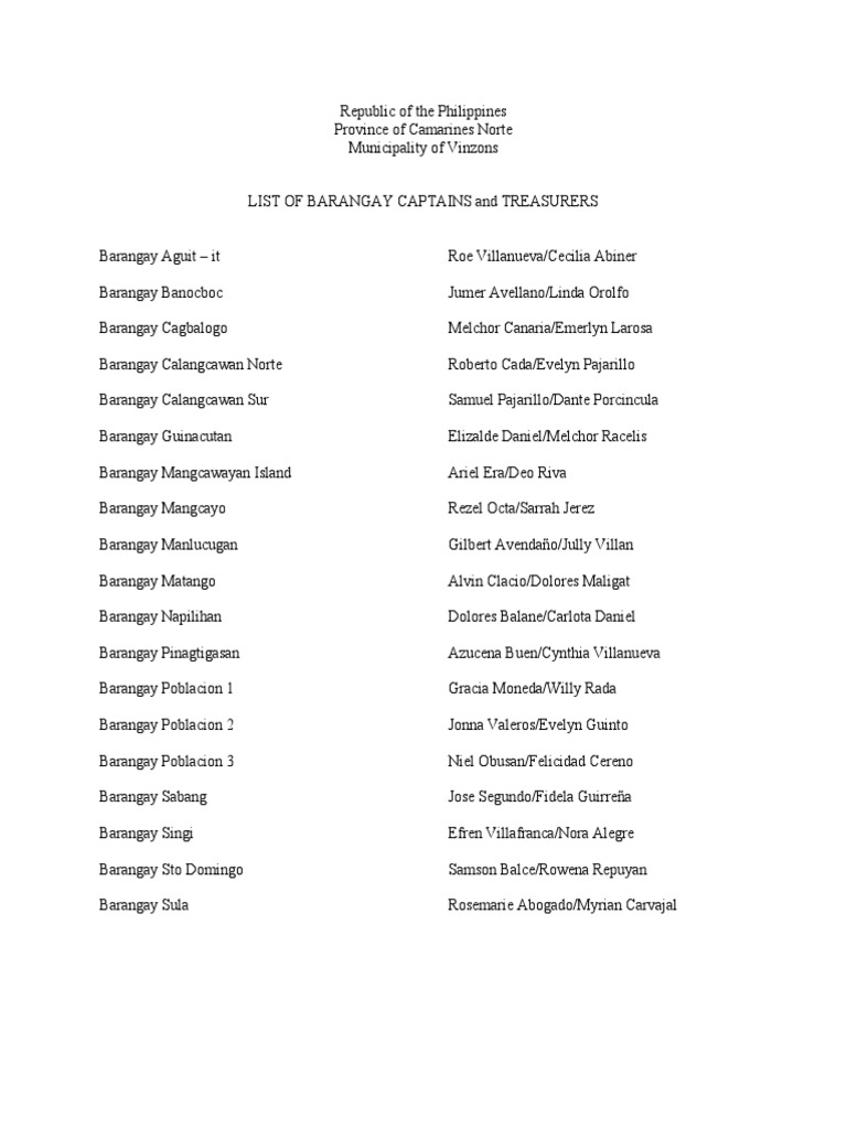 List of Barangay Captain and Treasurer | PDF
