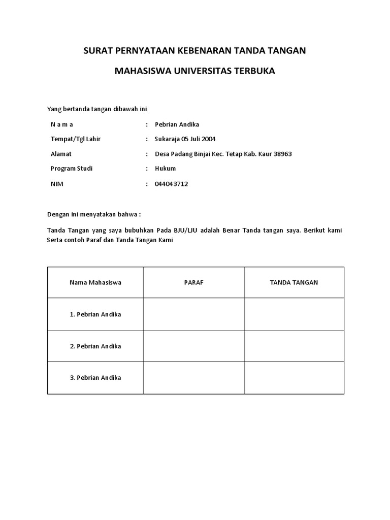 Surat Pernyataan Kebenaran Tanda Tangan | PDF
