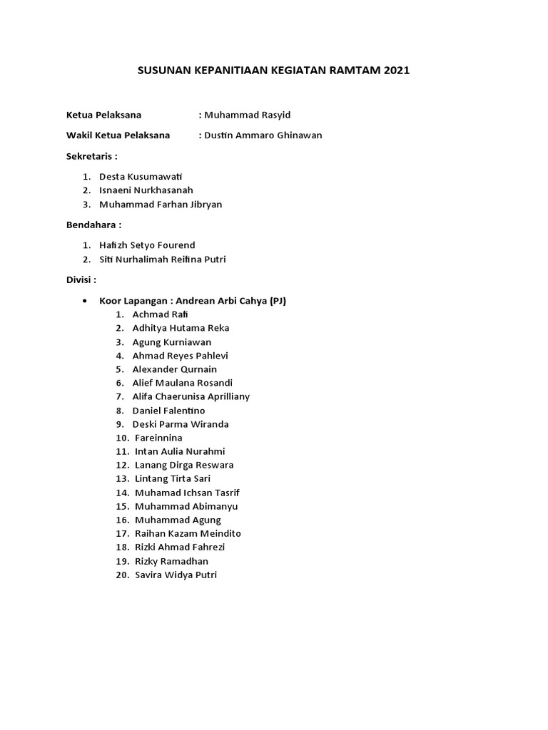 Susunan Kepanitiaan Kegiatan Ramtam 2021 | PDF | Griya & Taman