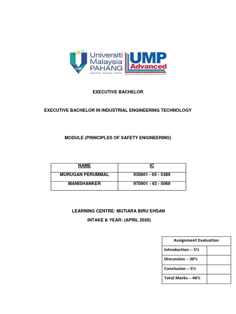 UMP Assingement (PRINCIPLES OF SAFETY ENGINEERING) | PDF | Occupational ...