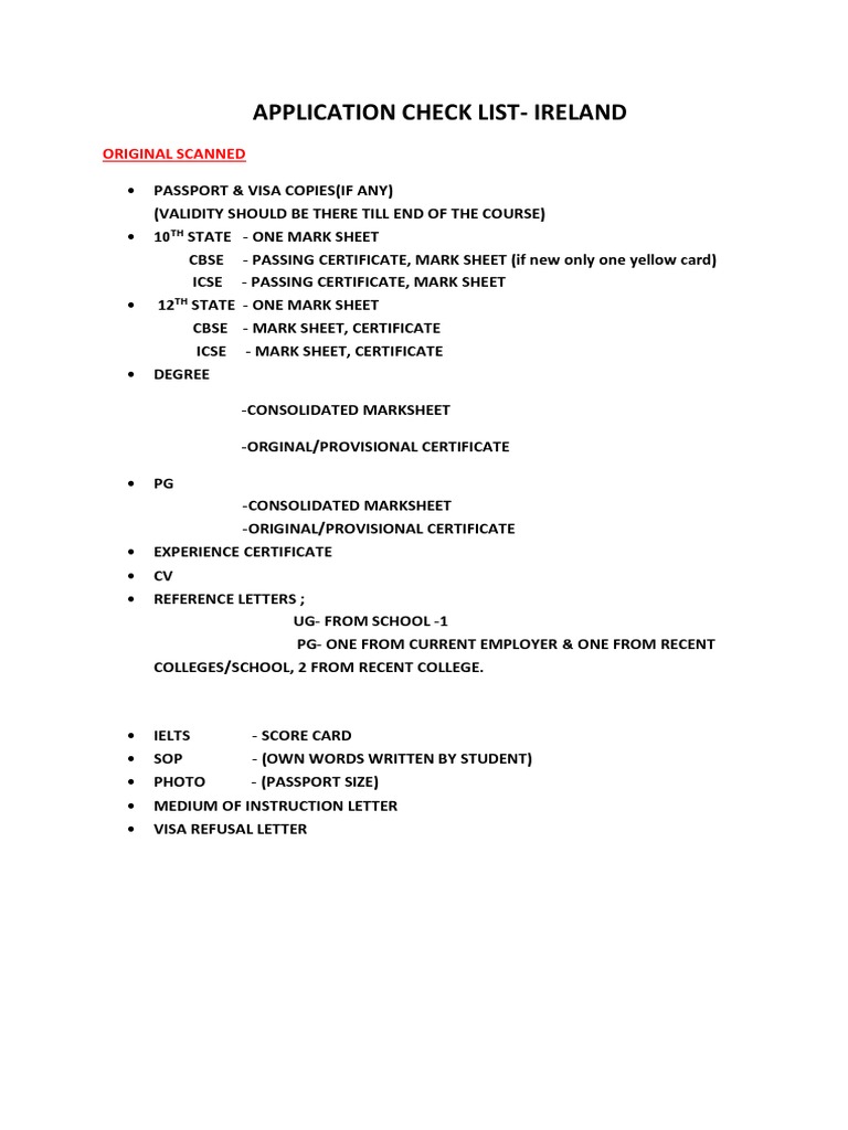 CHECK LIST For IRELAND Study Application | PDF