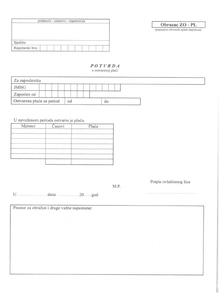 Obrazac ZO-PL (Potvrda o Ostvarenoj Plaći) | PDF