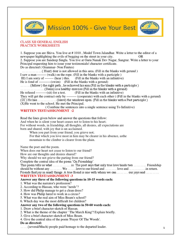 Revision Practice Sheets Class 12 TH | PDF | Punjab