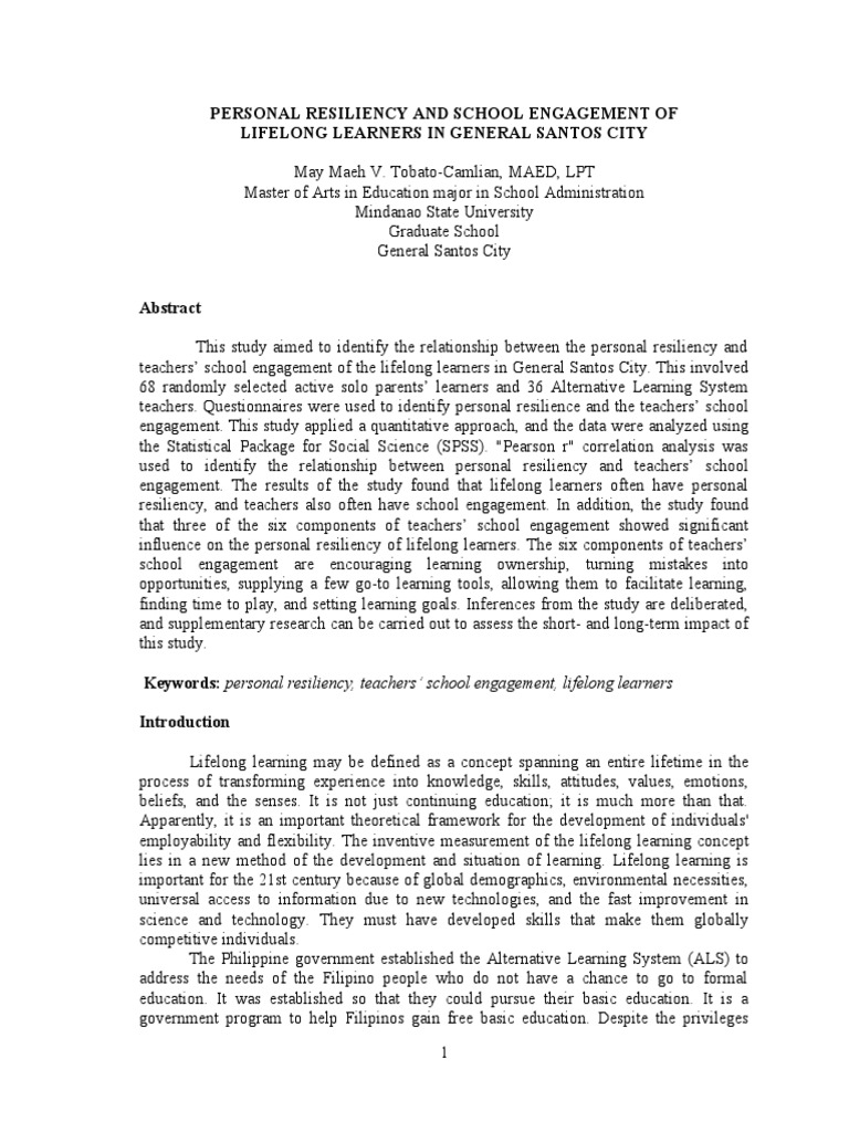 Personal Resiliency and School Engagement of Lifelong Learners in ...