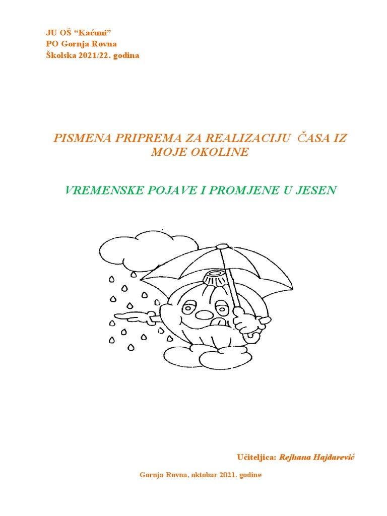 Priprema Za I Razred Vremenske Pojave I Promjene U Jesen | PDF