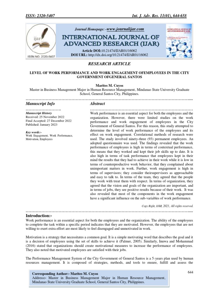 Level of Work Performance and Work Engagement Ofemployees in The City ...