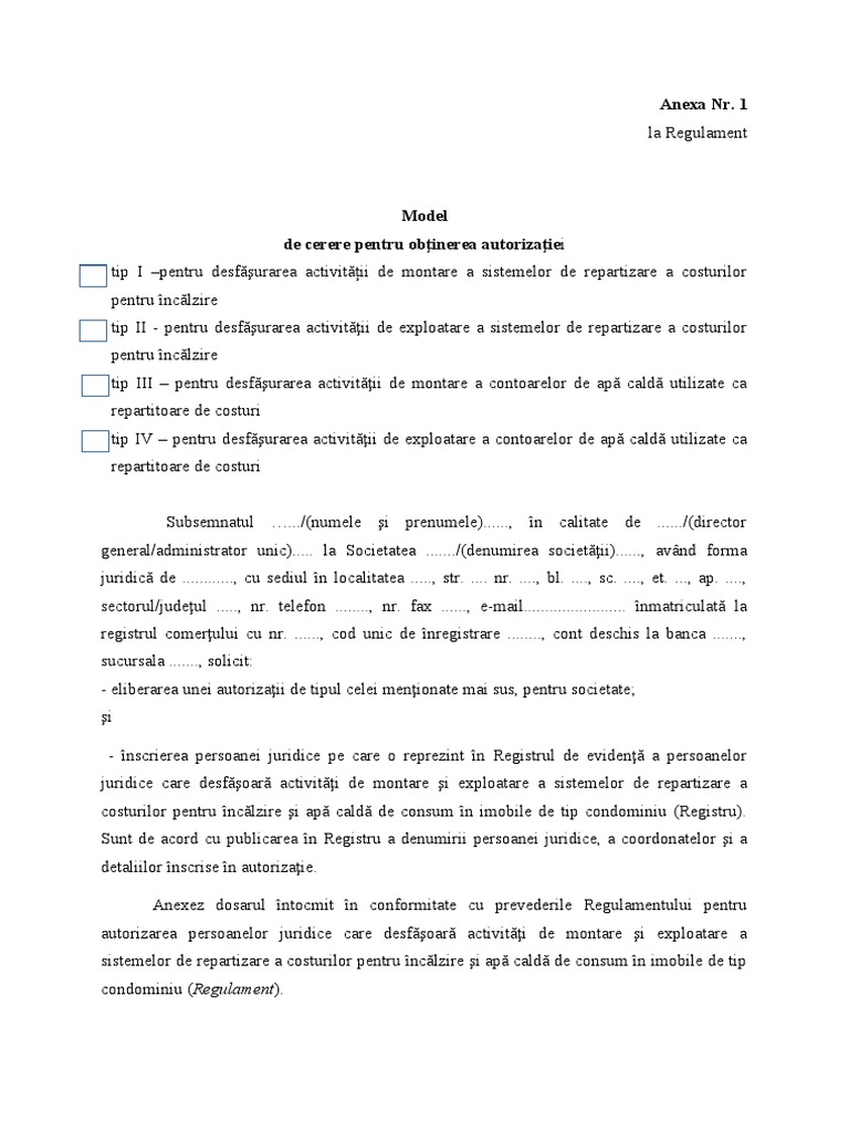 Model Cerere Obtinere Autorizatie Anexa Nr1 | PDF