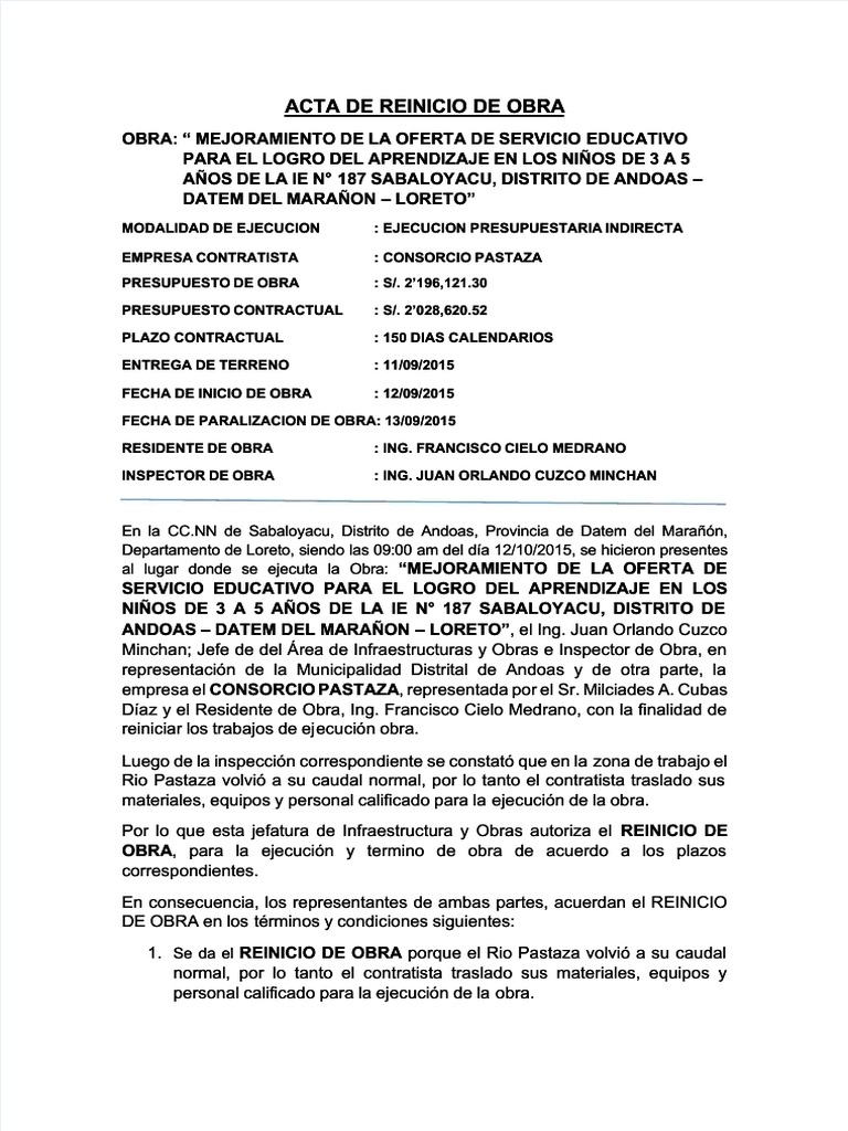 Acta de Reinicio de Obras | PDF