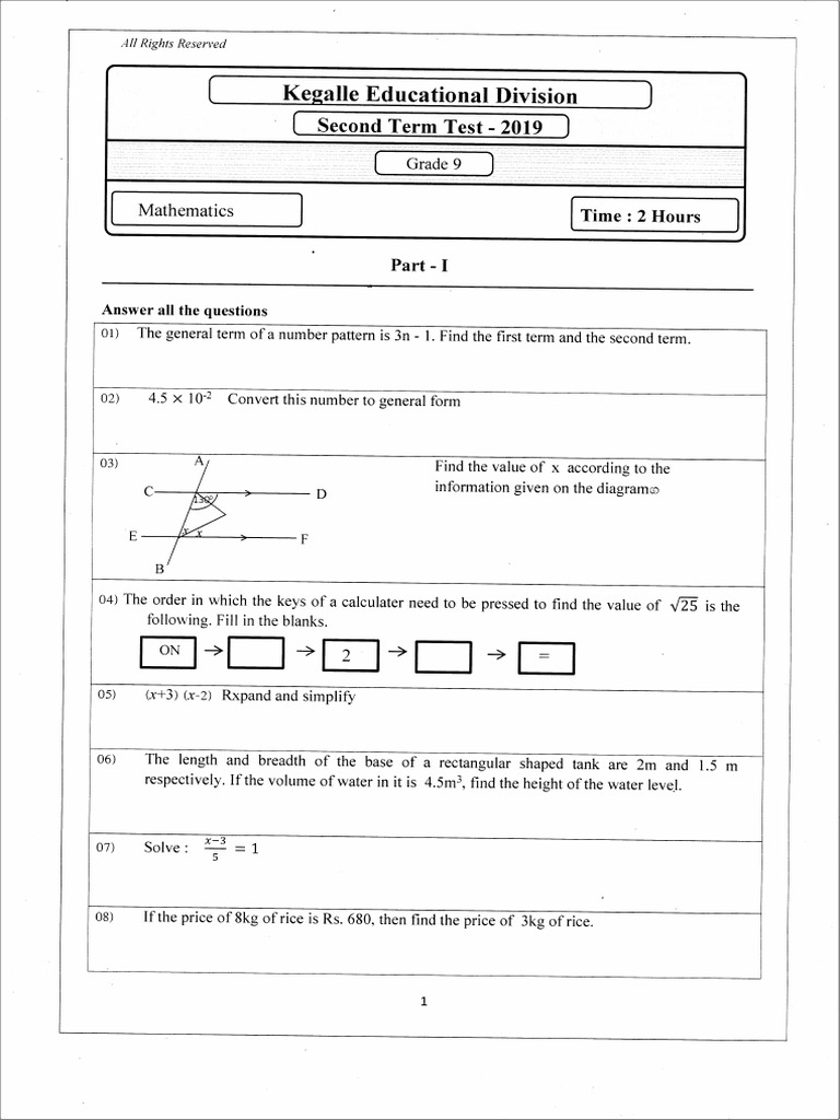 2019 Grade 09 Maths Second Term Paper English Medium Kegalle Zone PDF
