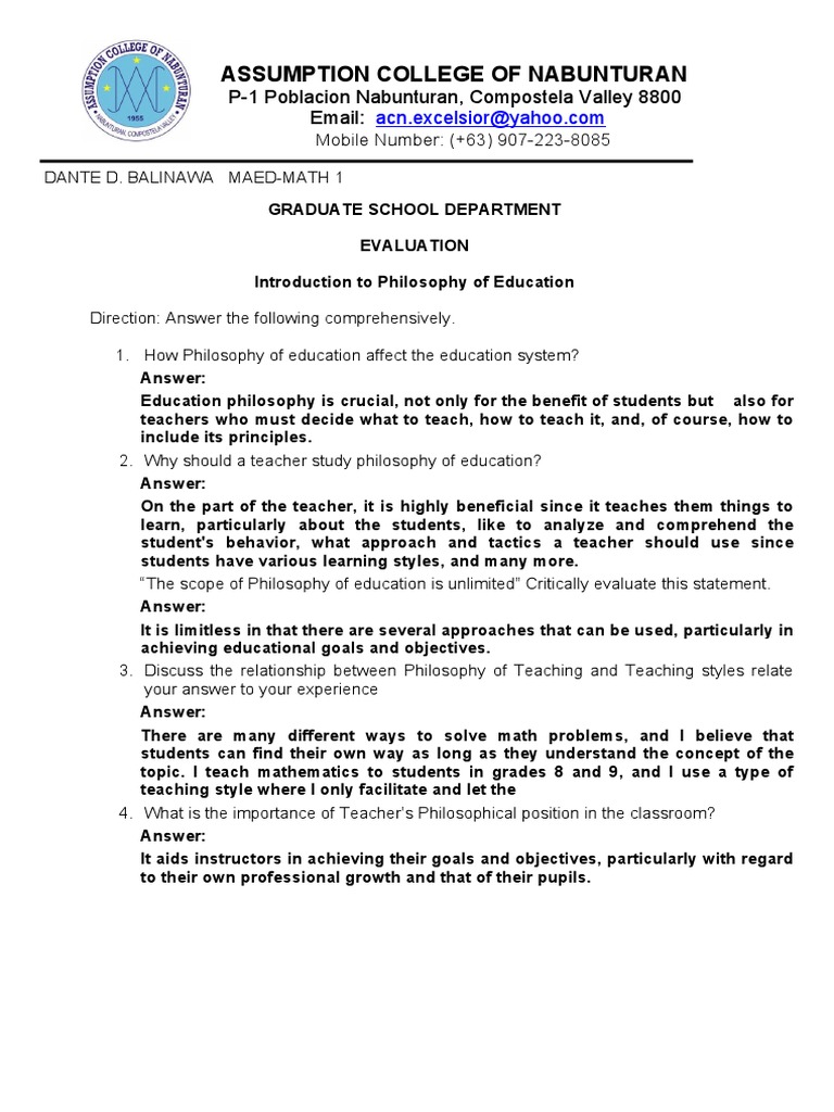 Philosophy of Education - Evaluation | PDF | Philosophy Of Education | Teachers