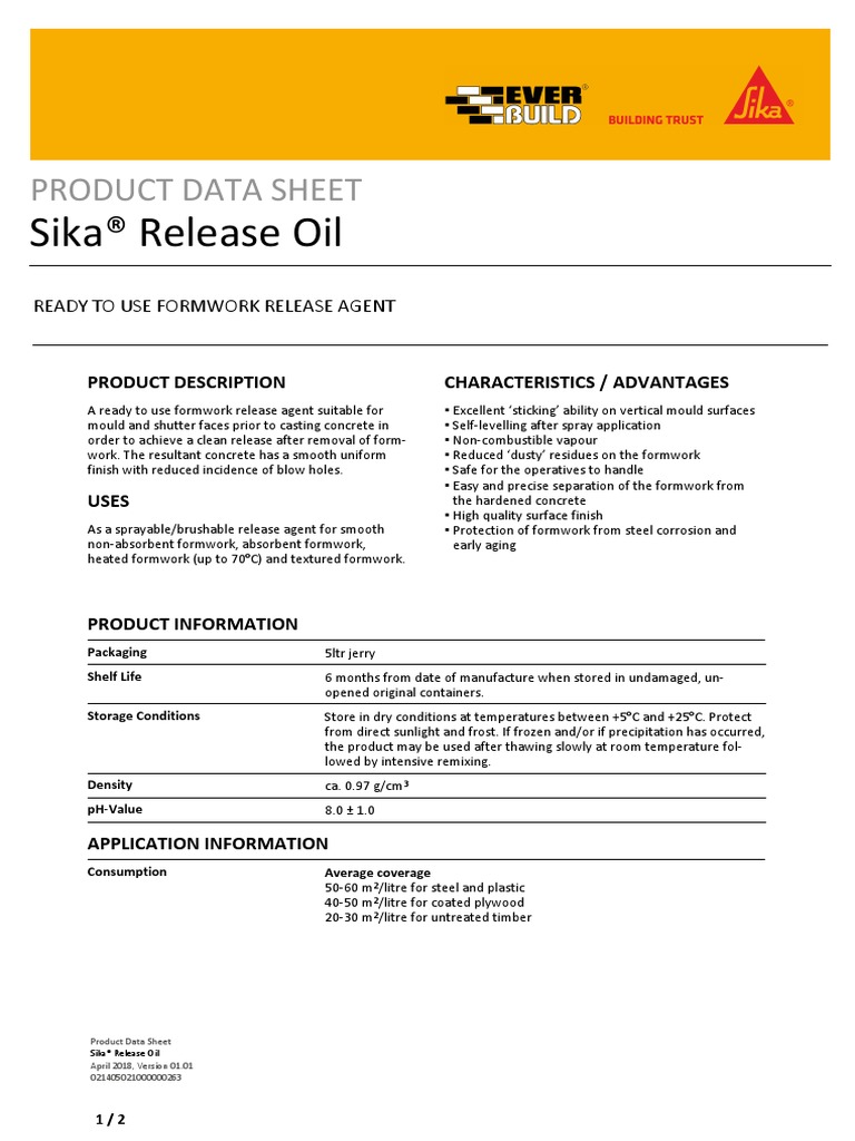 Sika Release Oil Technical Data Sheet | PDF | Concrete | Materials