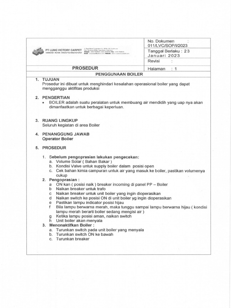 Sop Penggunaan Mesin Boiler | PDF