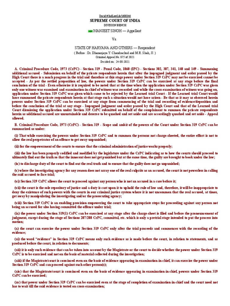 Section 319 CrPC: Court Powers Explained | PDF | Presumption Of ...