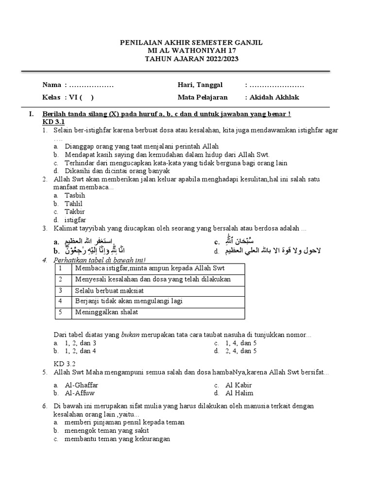 Soal Pas Ganjil Akidah Kls 6 | PDF