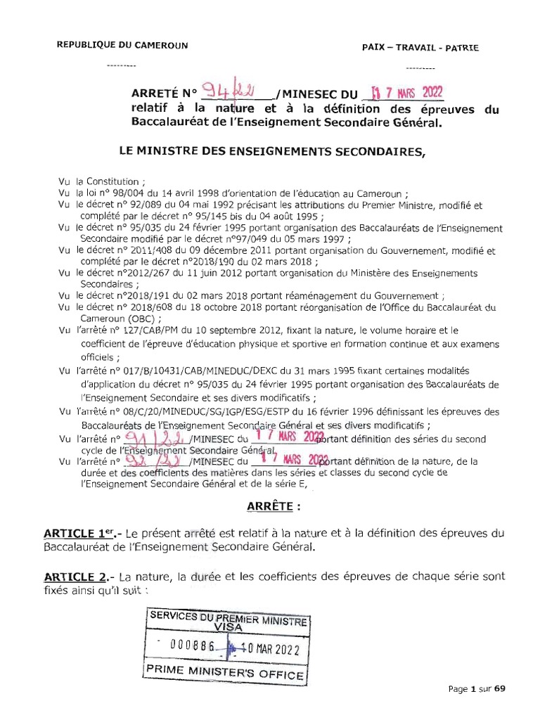 ARRETE N 94-22 Relatif À La Nature Et À La Définition Des Épreuves Du ...