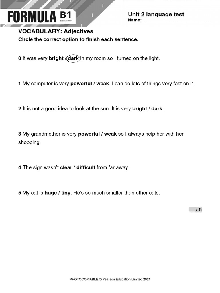 Formula B1 Unit 2 Test DF | PDF | English Language | Sentence (Linguistics)
