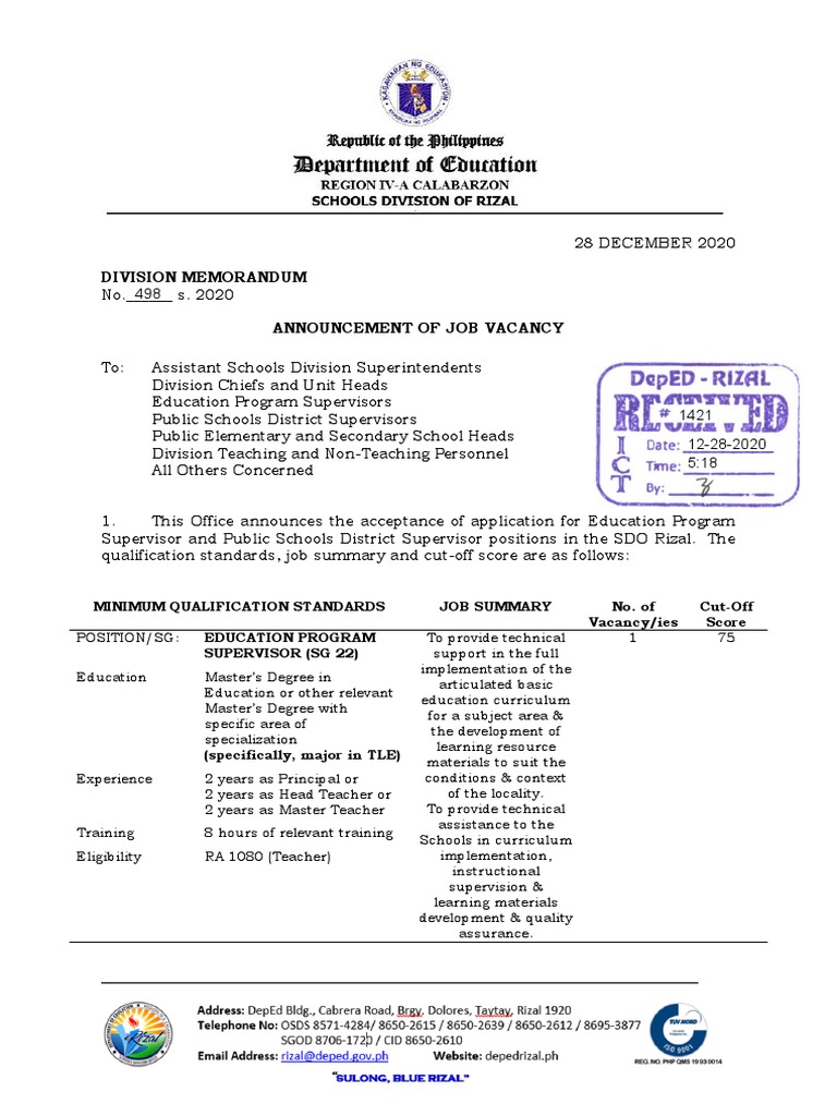 Division Memorandum No. 498, s.2020 | PDF | Curriculum | Teachers