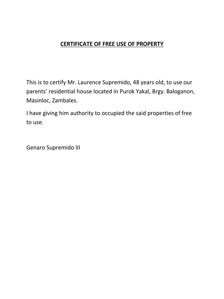 Certificate of Free Use of Property | PDF