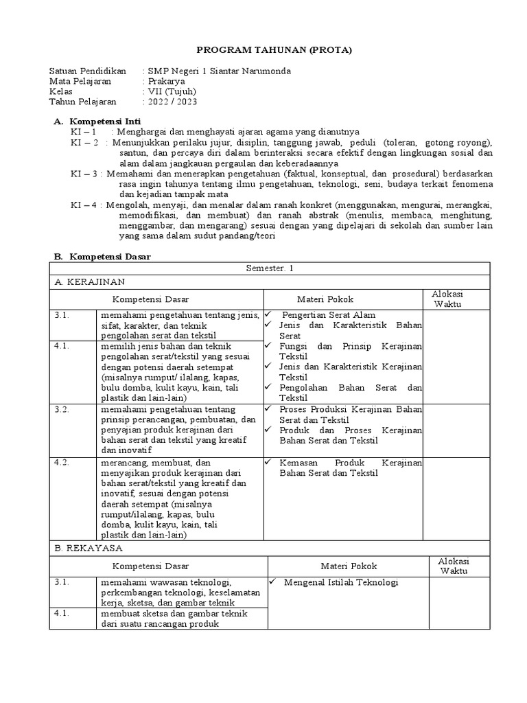 ProTa Dan ProSem Prakarya Kelas 7 | PDF | Seni