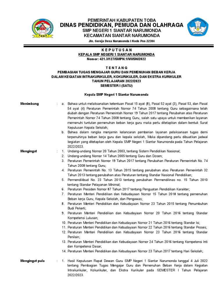 SK Pembagian Tugas TP 2022-2023 | PDF