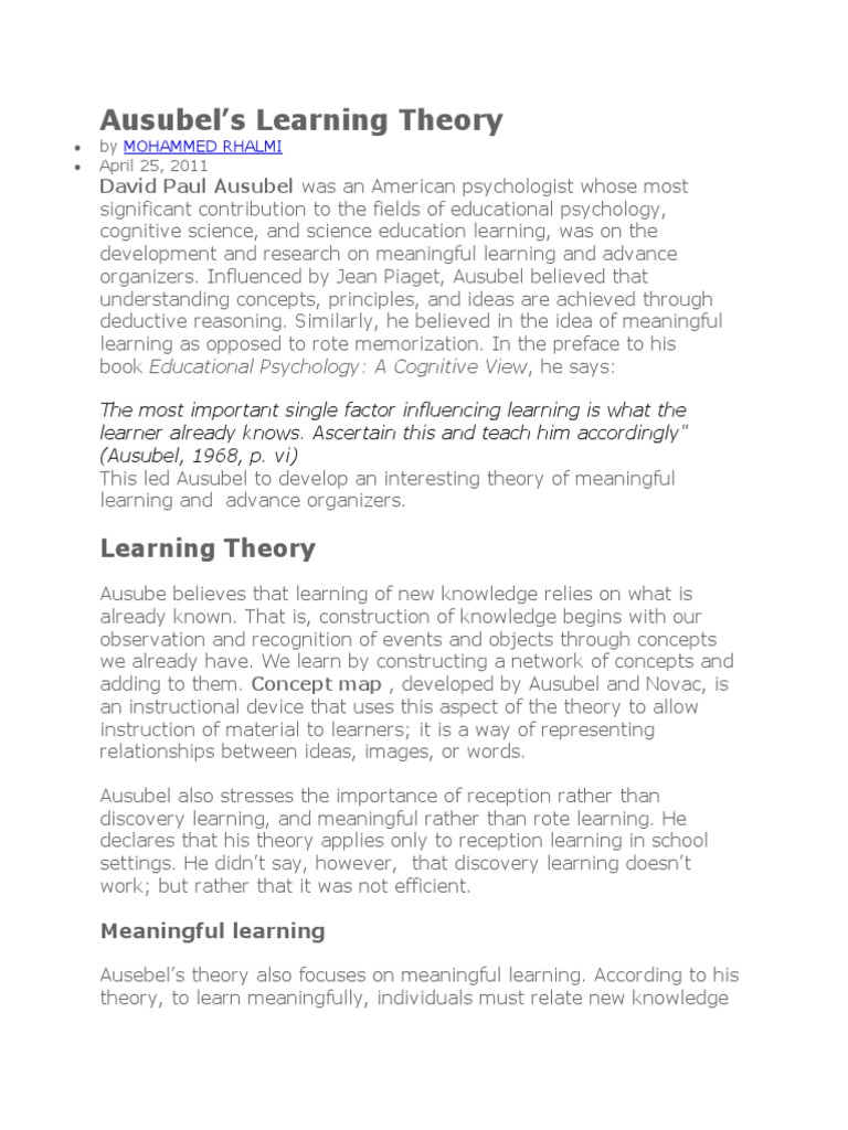 Ausubel's Learning Theory | PDF | Learning | Behavioural Sciences