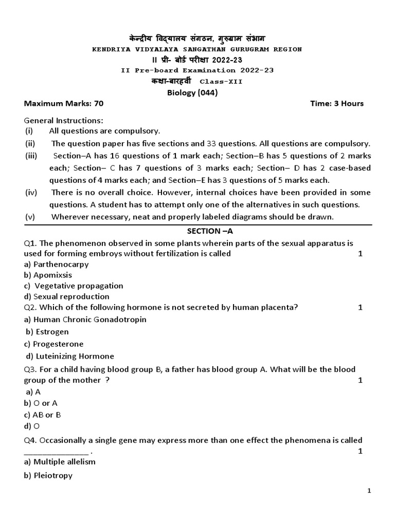 Bio QP PB2 Xii 2022-23 | Download Free PDF | Biology | Biochemistry