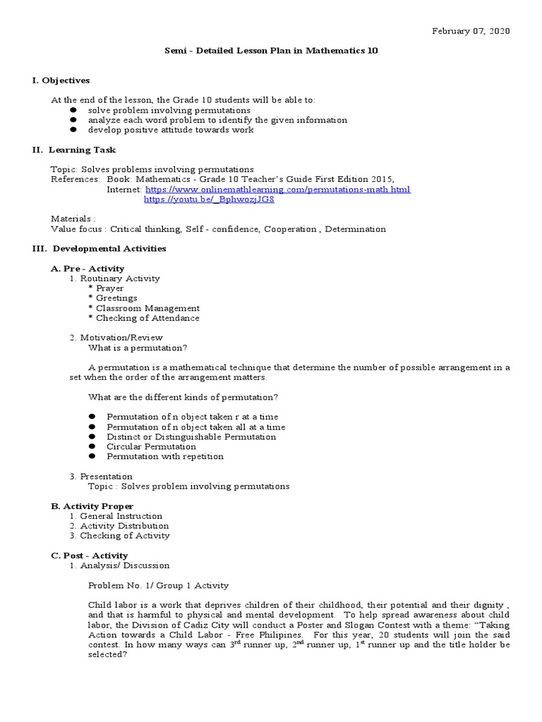 Grade 10 Permutations Lesson Plan | PDF | Lesson Plan | Cognition