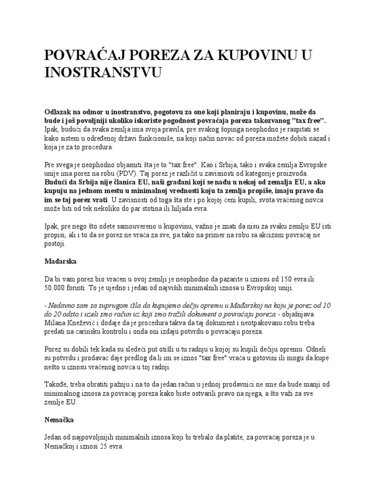 Povracaj Poreza Za Kupovinu U Inostranstvu | PDF