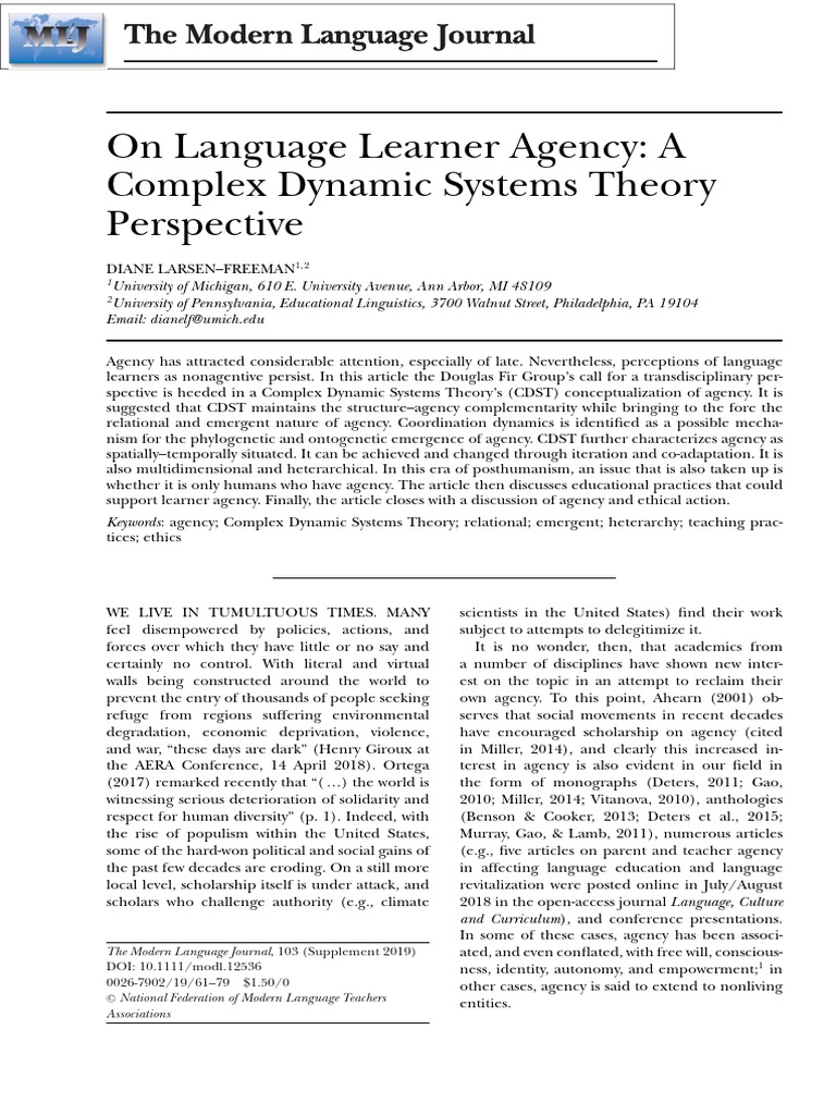 Larsen-Freeman (2019) Agency - CDST | PDF | Emergence | Systems Theory